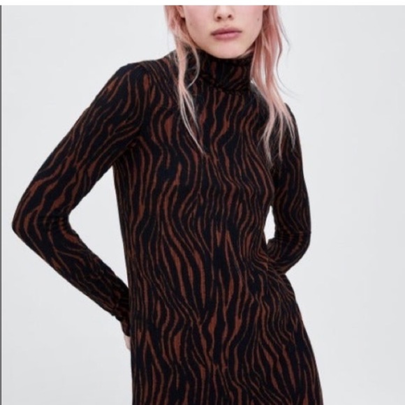 Zara | Dresses | Zara Long Sleeve Turtle Neck Midi Zebra Dress | Poshmark